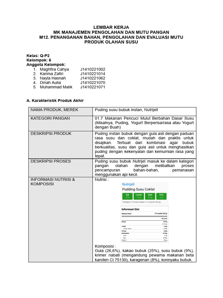Kelompok 6 - QP2 - Lembar Kerja Praktikum MPMP M12 - Karakteristik Dan Pengolahan Susu | PDF