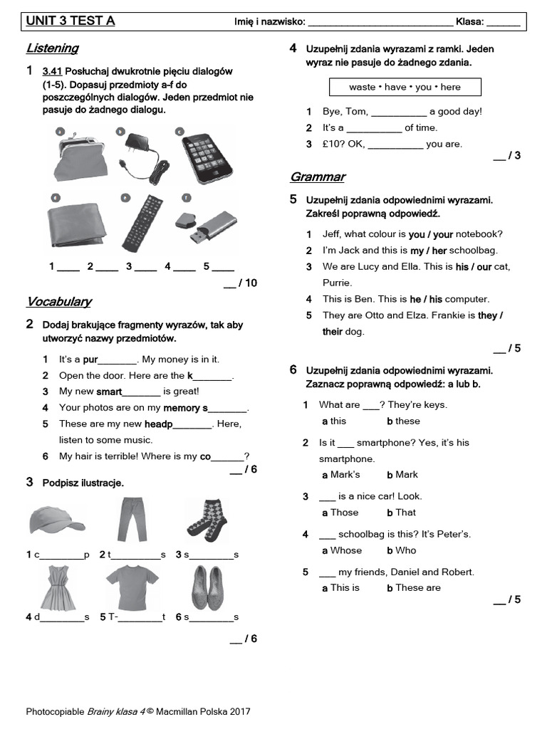 Brainy - kl4 - Unit - Test - 3 - A (1) - Kopia | PDF