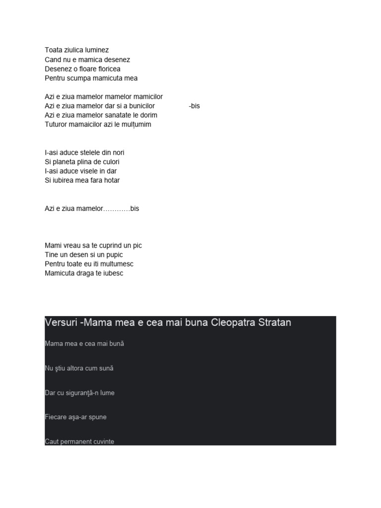 Versuri Cantece Mama | PDF