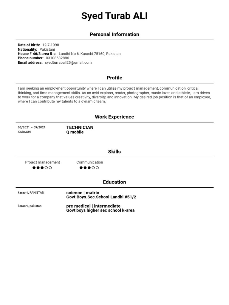 (FREE COPY) Syed Turab ALI Resume | PDF (FREE COPY) Syed Turab ALI Resume | PDF