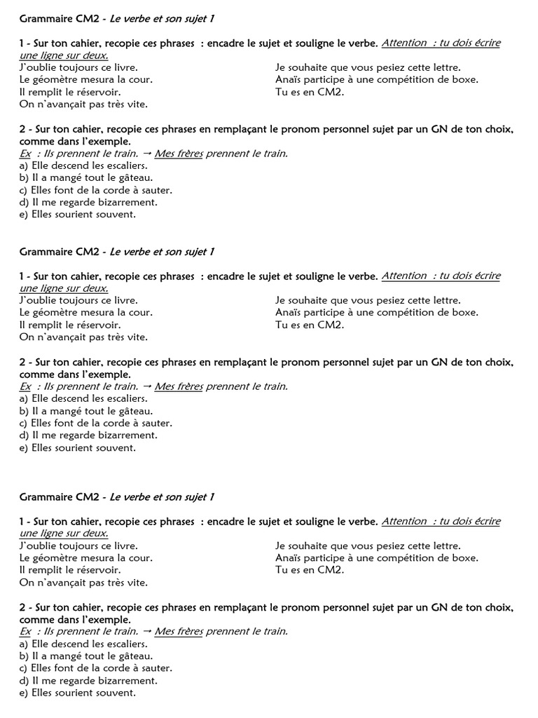 Exercice sur le sujet et le verbe CM2 | PDF | Sujet (Grammaire ...