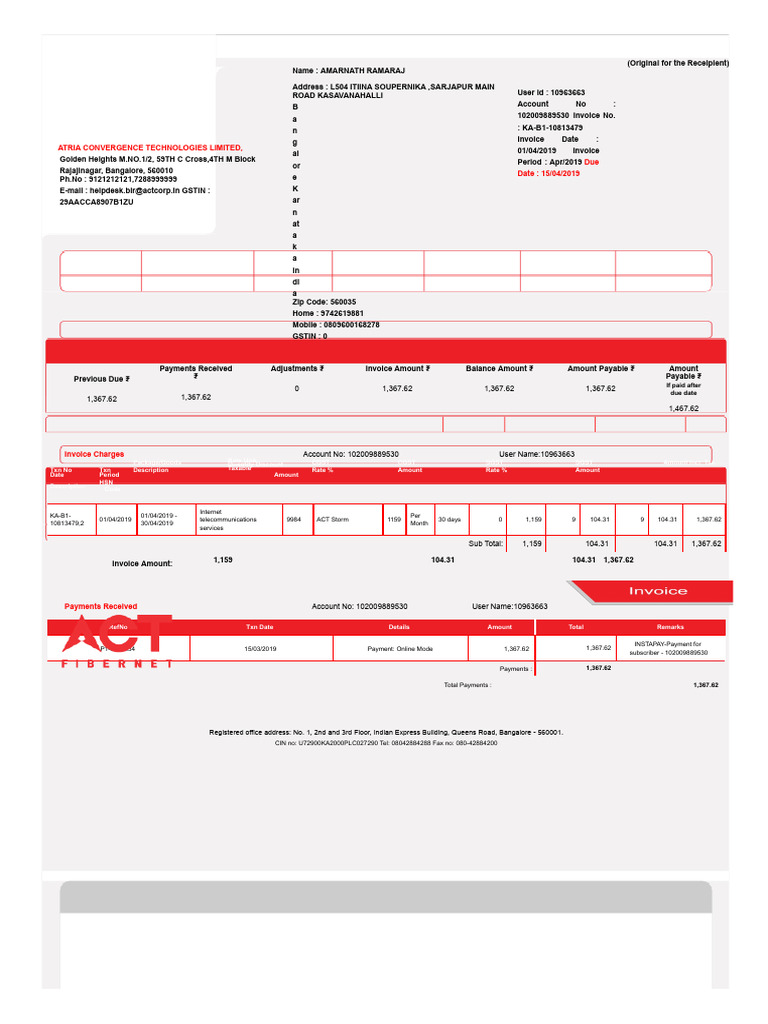 Act Broadband Bill | PDF | Invoice | Cheque