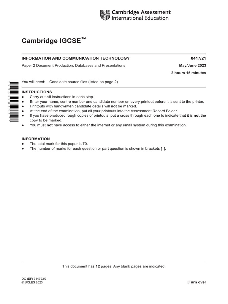 Cambridge IGCSE: Information and Communication Technology 0417/21 | PDF ...