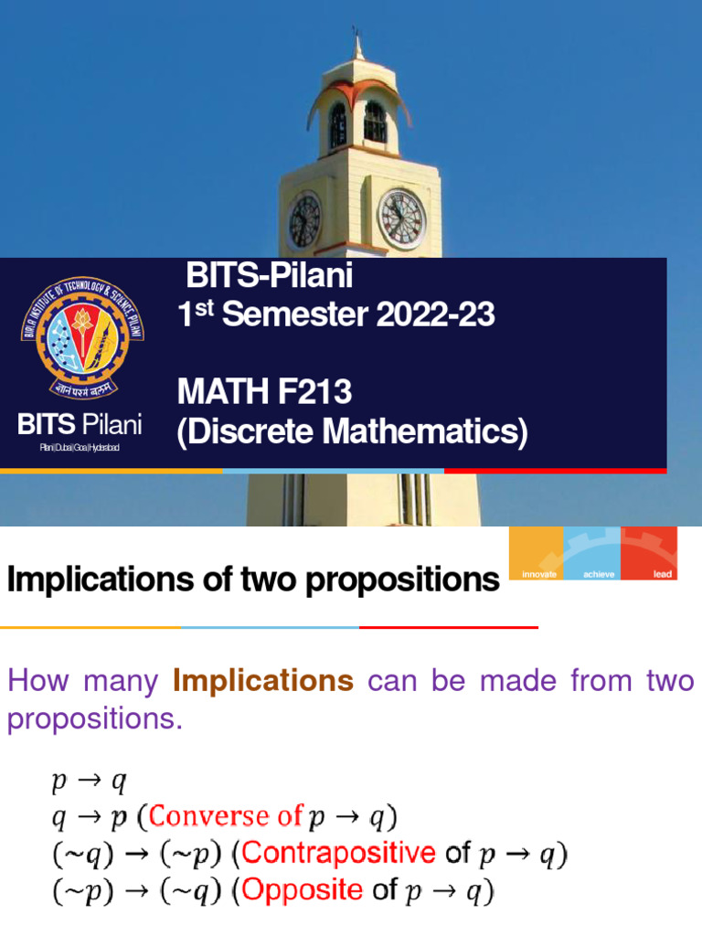 BITS-Pilani 1 Semester 2022-23 MATH F213 (Discrete Mathematics) | PDF | Truth | Syntax (Logic)