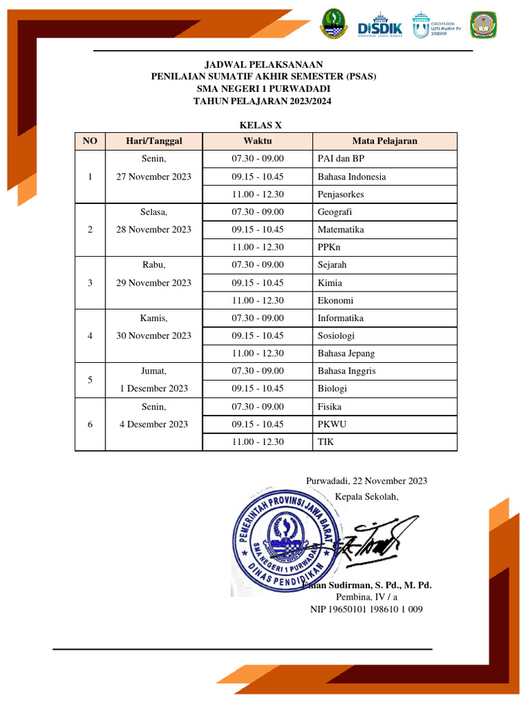 Jadwal Psas Ganjil 2023-2024 | PDF