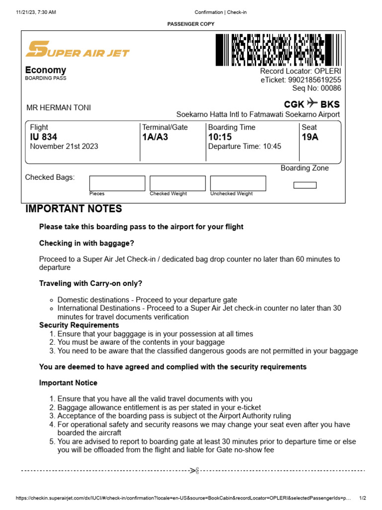 Confirmation - Super Jet Herman Toni | PDF | Baggage | Transport