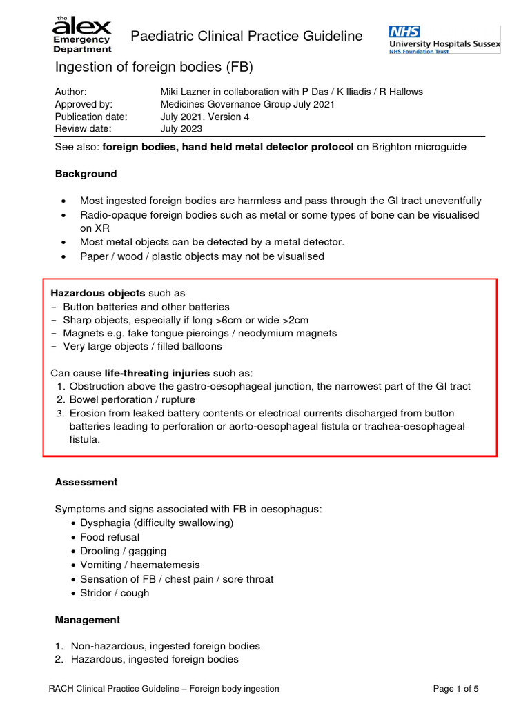 Paediatric Guidelines Foreign Body Ingestion 2018 1 | PDF | Esophagus ...