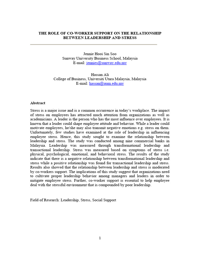 THE ROLE OF CO-WORKER SUPPORT ON THE RELATIONSHIP BETWEEN LEADERSHIP ...