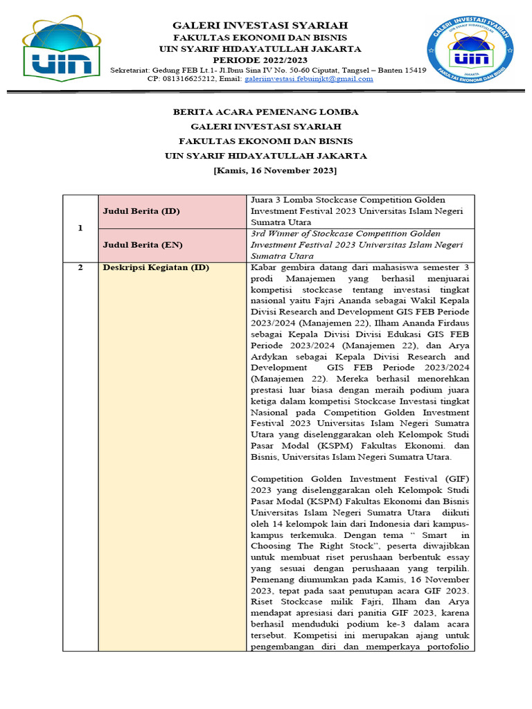 Laporan Berita Acara Juara 3 Lomba Stockcase GIF 2023 | PDF