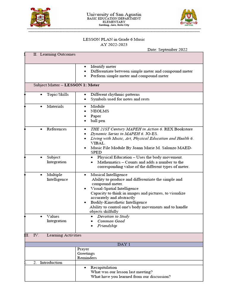 Music 6 - Lesson 2 (Learning Plan) | PDF | Cognitive Psychology ...