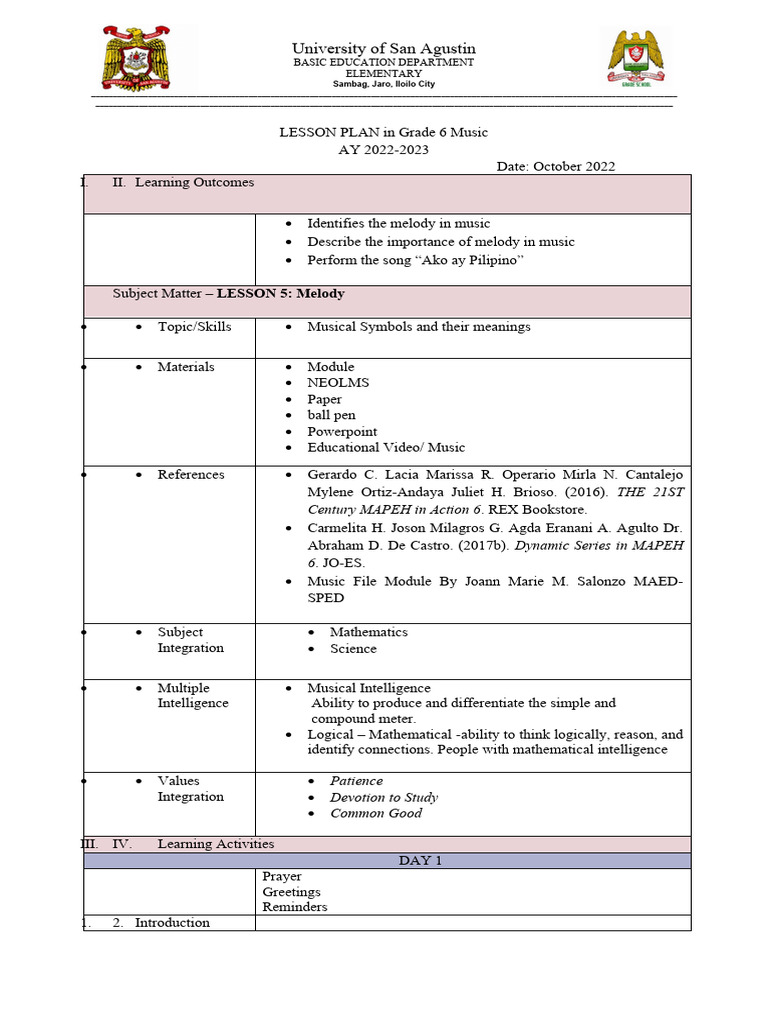 Music 6 - Lesson 5 (Learning Plan) Melody | PDF