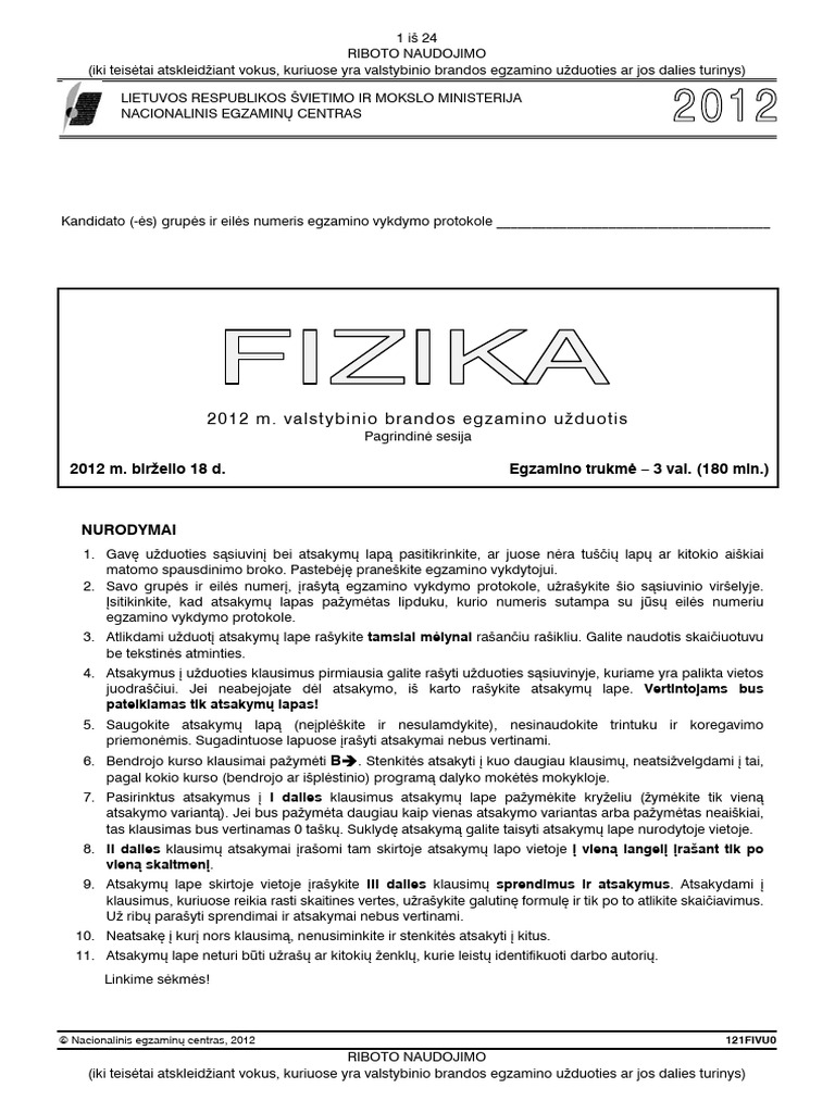 2012 Fizikos Vbe Uzduotys | PDF