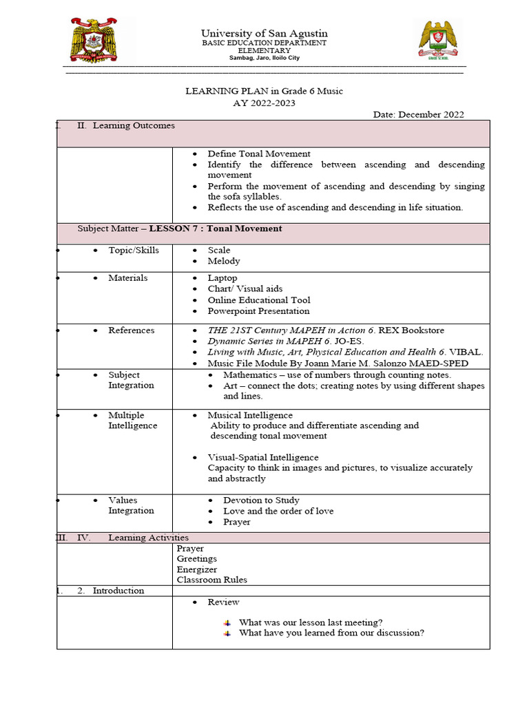 Music 6 - Lesson 7 (Learning Plan) Tonal Movement | PDF | Scale (Music ...