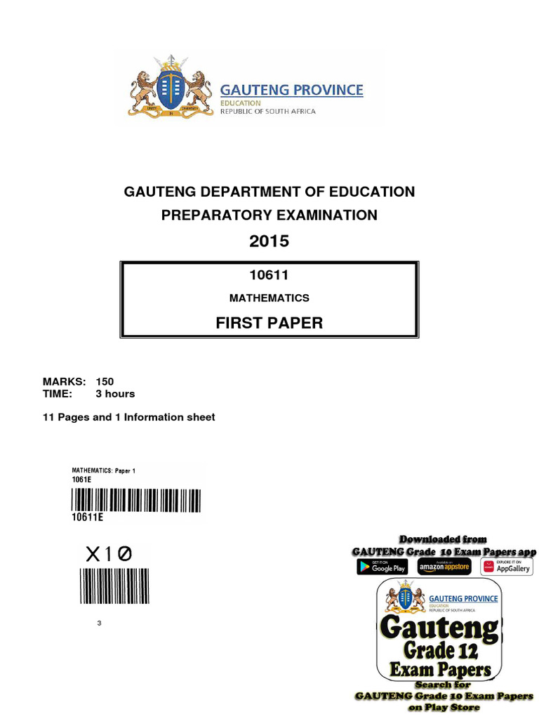 Grade 12 NSC Mathematics P1 (English) 2015 Preparatory Examination ...