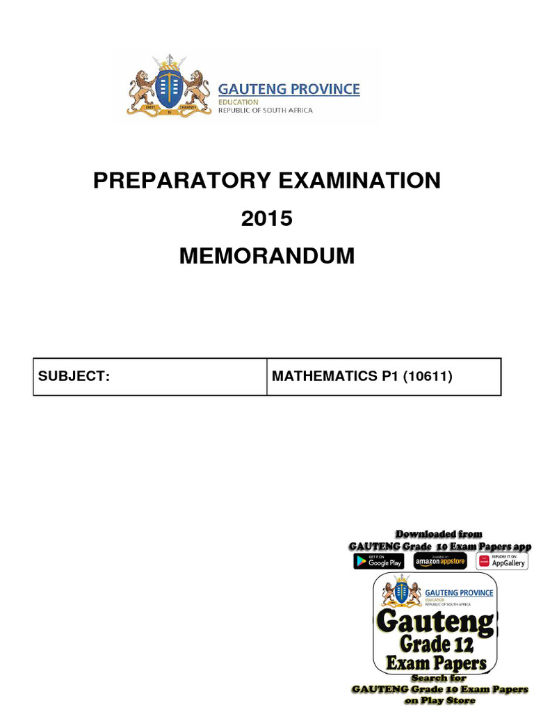 Grade 12 NSC Mathematics P1 (English) 2015 Preparatory Examination ...