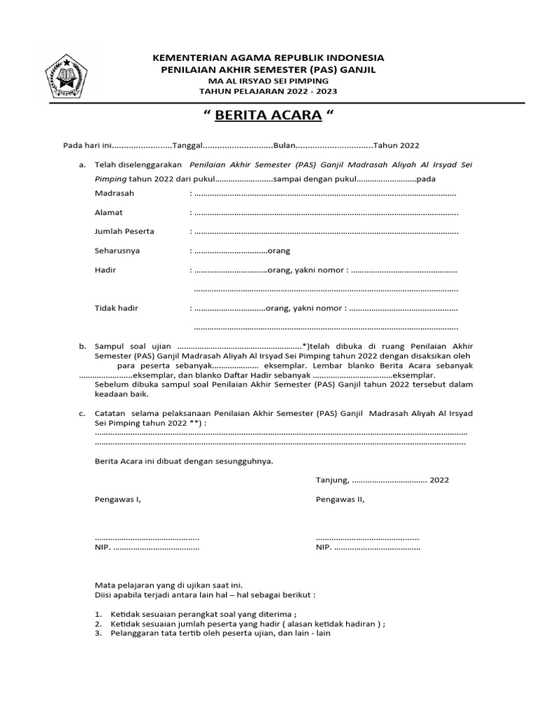 Berita Acara PAS Ganjil MA Al Irsyad 2022 | PDF | Pengelolaan Keuangan ...
