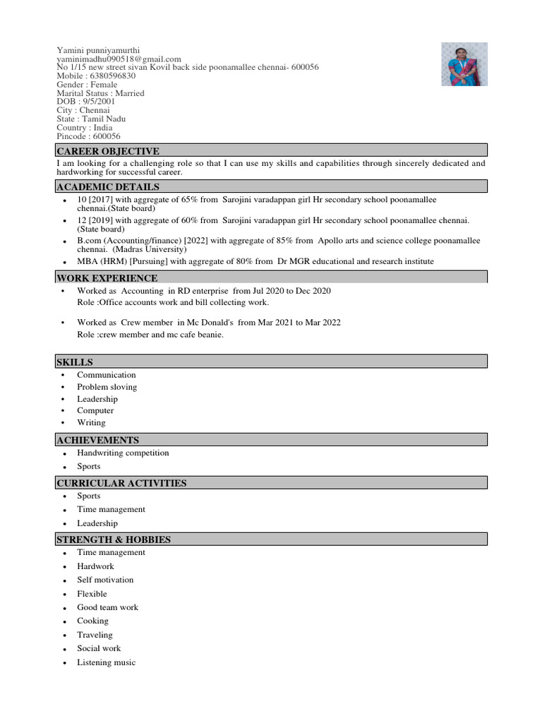 Yamini Punniyamurthi - Professional Resume - 01 | PDF