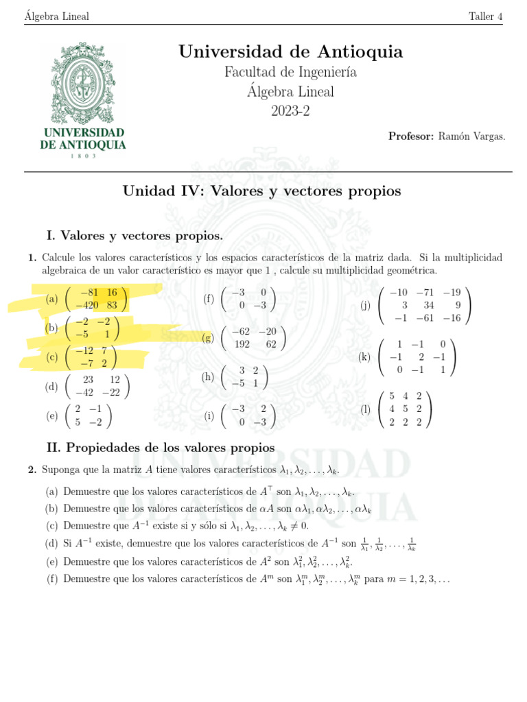 Taller de Álgebra Lineal: Valores Propios | PDF | Valores propios y vectores propios | Matriz ...