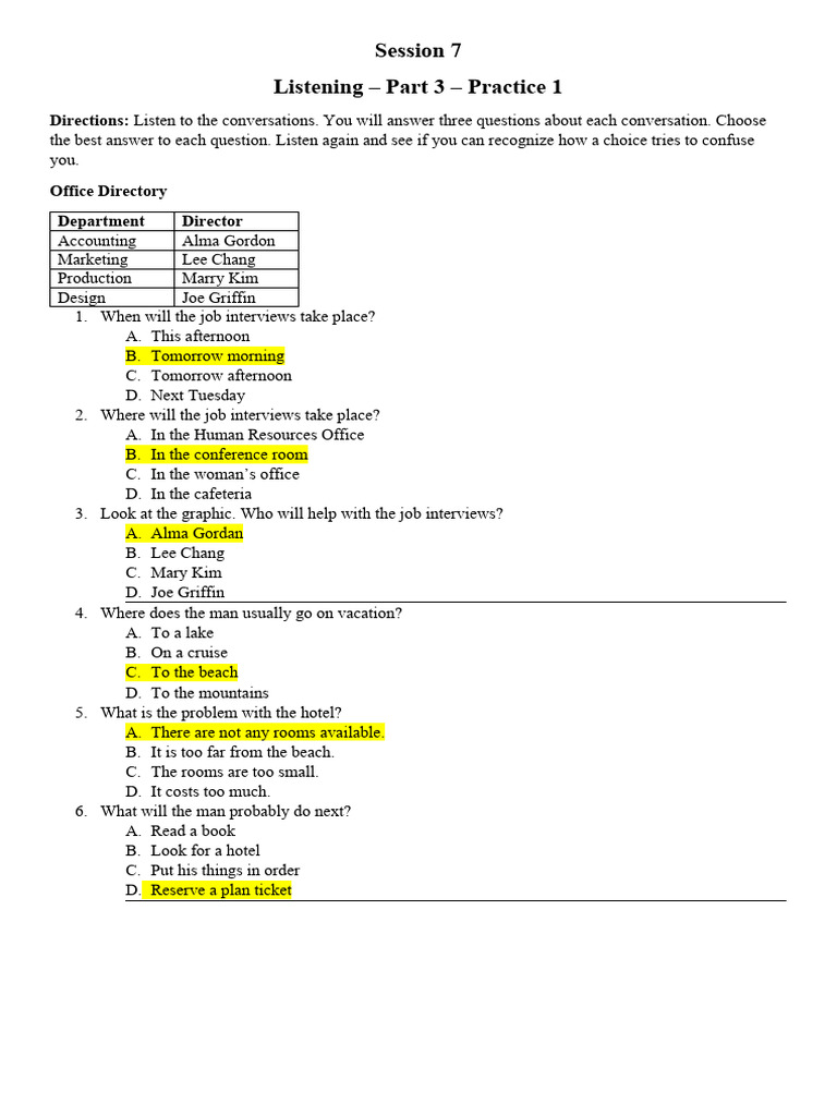 Listening - Part 3 - Practice 1 - Answer Key | PDF