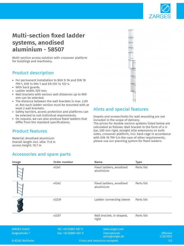 ZARGES Multi Section Fixed Ladder Systems Anodised Aluminium 58507 ...