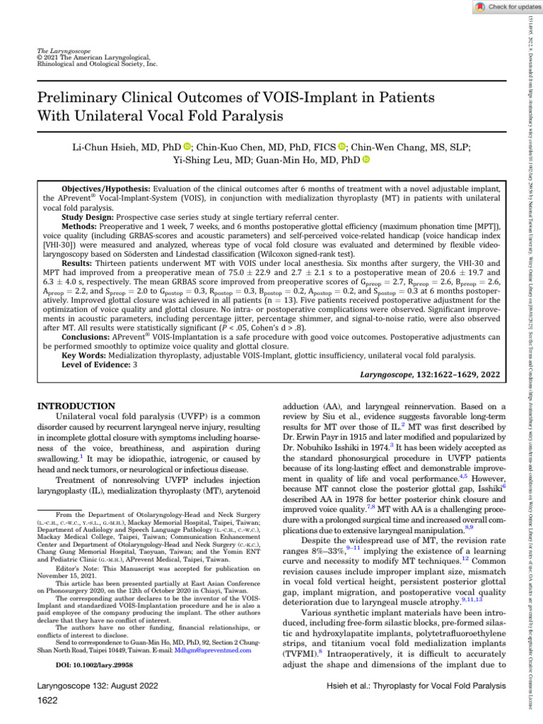 2022 Aug - Preliminary Clinical Outcomes of VOIS-Implant in Patients With Unilateral Vocal Fold ...