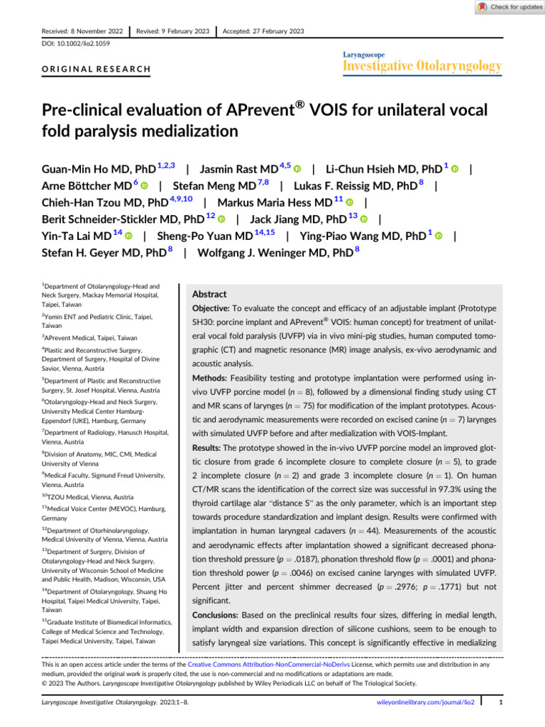 2023 Apr - Pre Clinical Evaluation of APrevent VOIS For Unilateral Vocal Fold Paralysis | PDF ...
