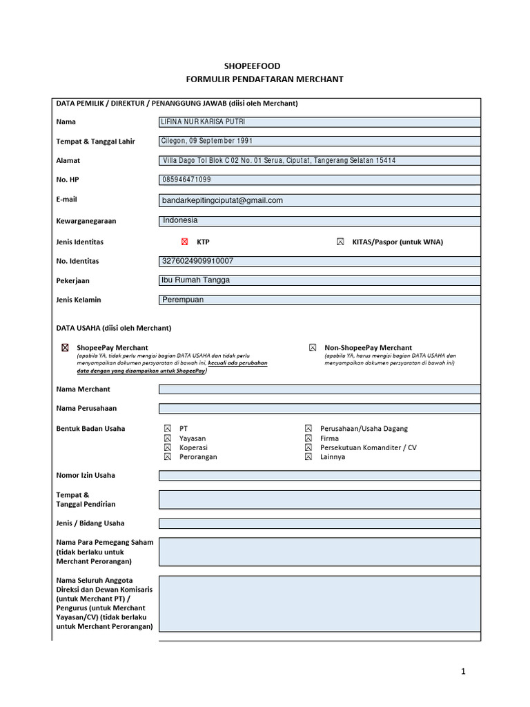 Form Registrasi ShopeeFood | PDF