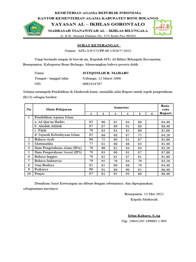 Surat Keterangan Nilai Raport | PDF