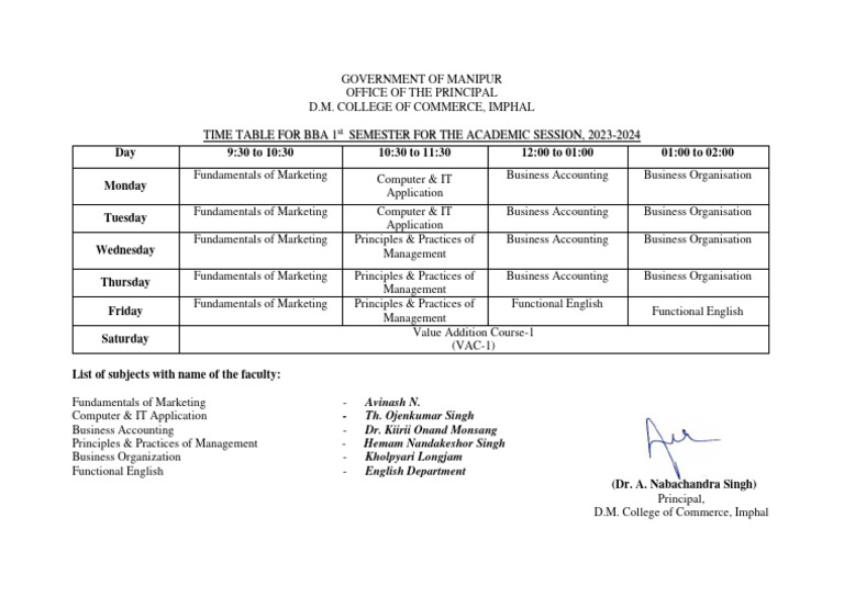 1st Sem Time Table Pdf Business