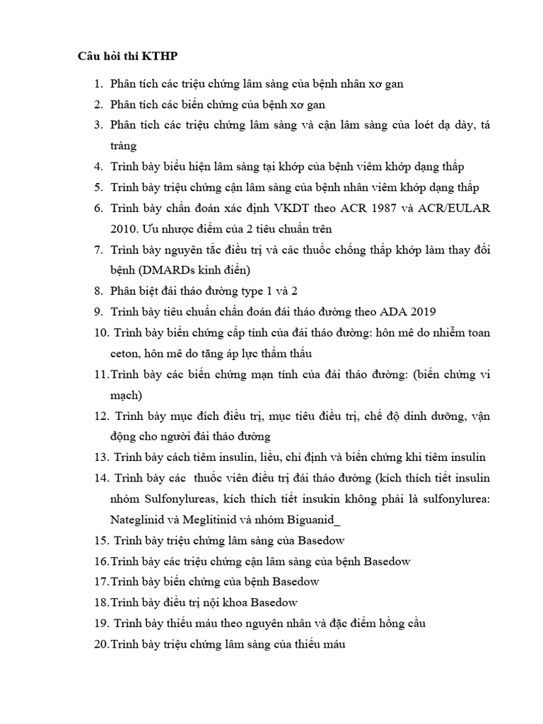 Câu Hỏi Ôn Tập Thi KTHP Nội BL1 | PDF