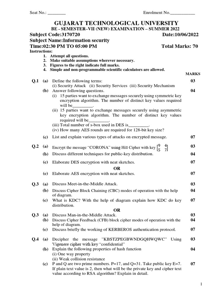 Gtu Computer 3170720 Summer 2022 | PDF | Encryption | Public Key Cryptography