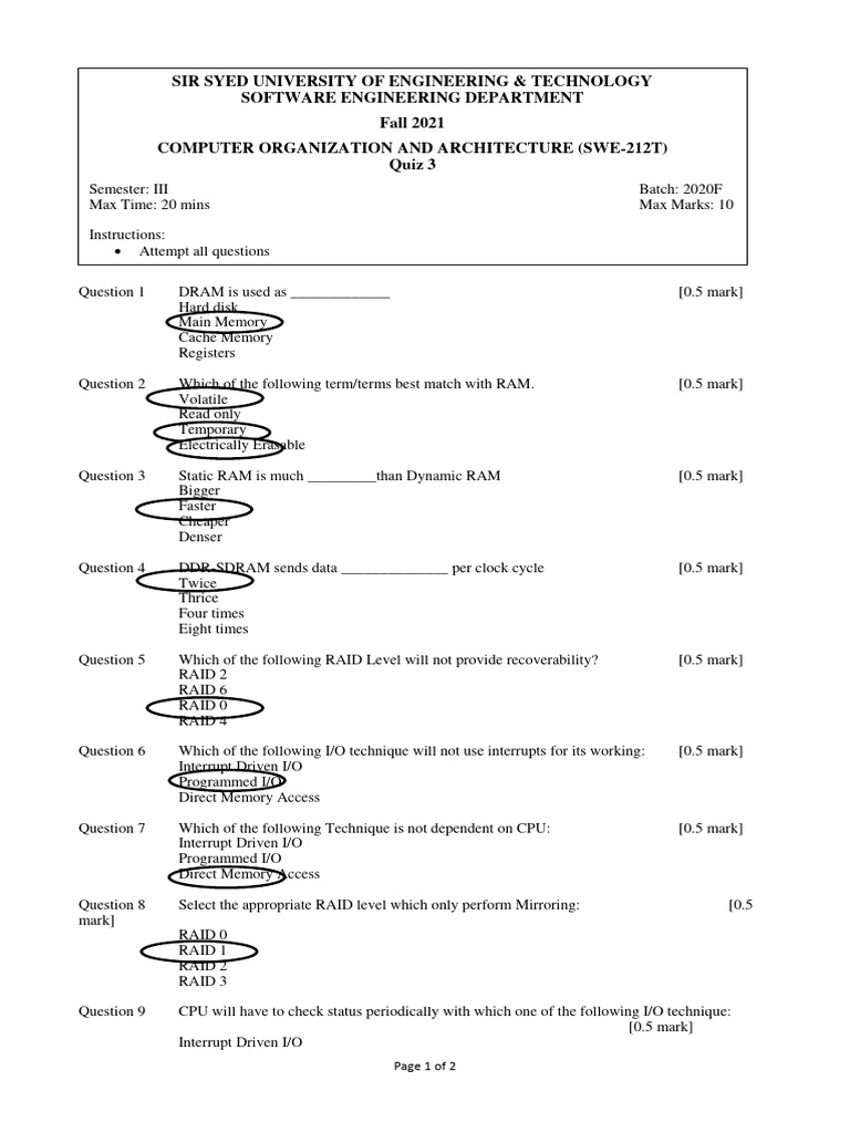 CE-207 CO&A Quiz 03 - Solution | PDF | Random Access Memory | Input/Output