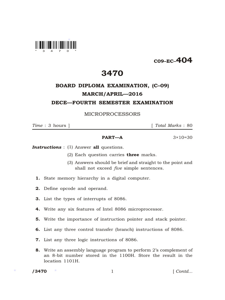 Diploma (C09) DECE 4th Sem - Microprocessors | PDF | Assembly Language | Central Processing Unit