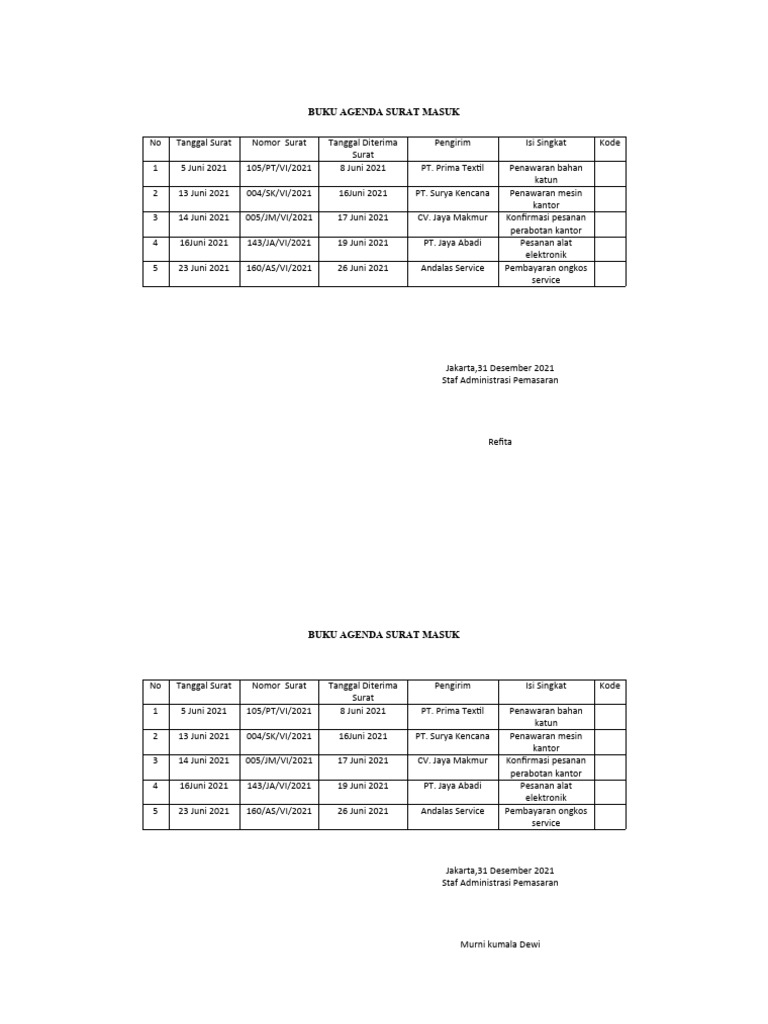 Buku Agenda Surat Masuk | PDF
