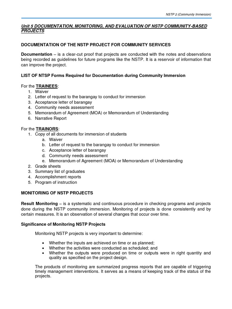 Unit5. Documentation Monitoring Evaluation of NSTP Community Based ...
