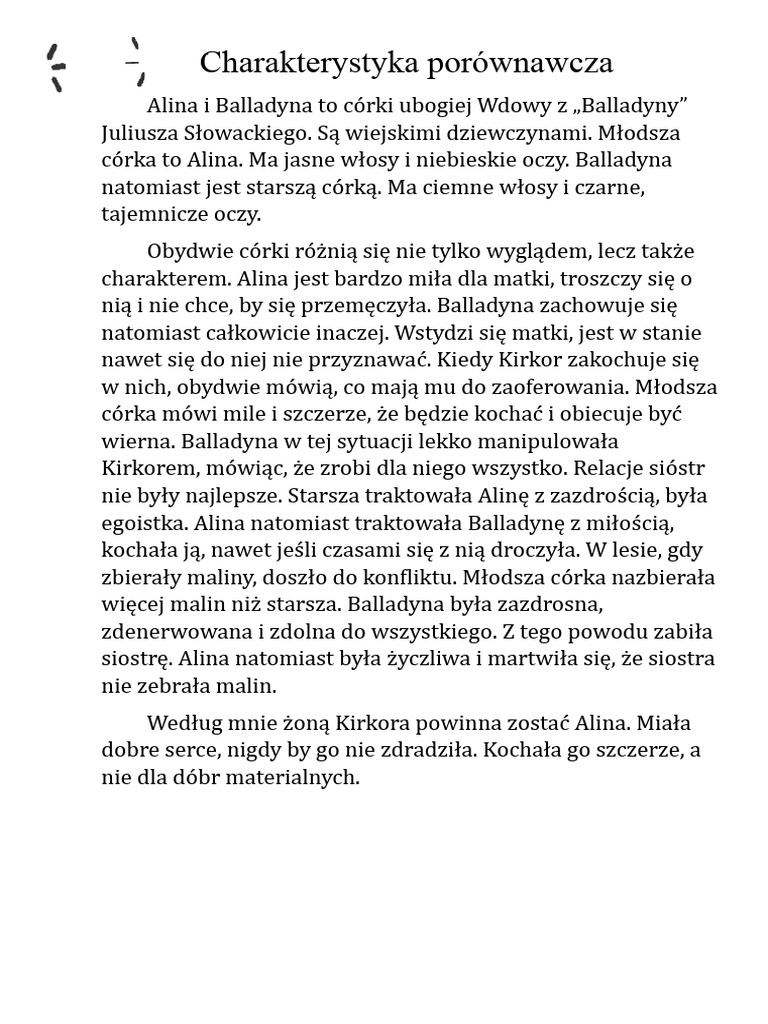 Charakterystyka Porównawcza Alina I Balladyna | PDF