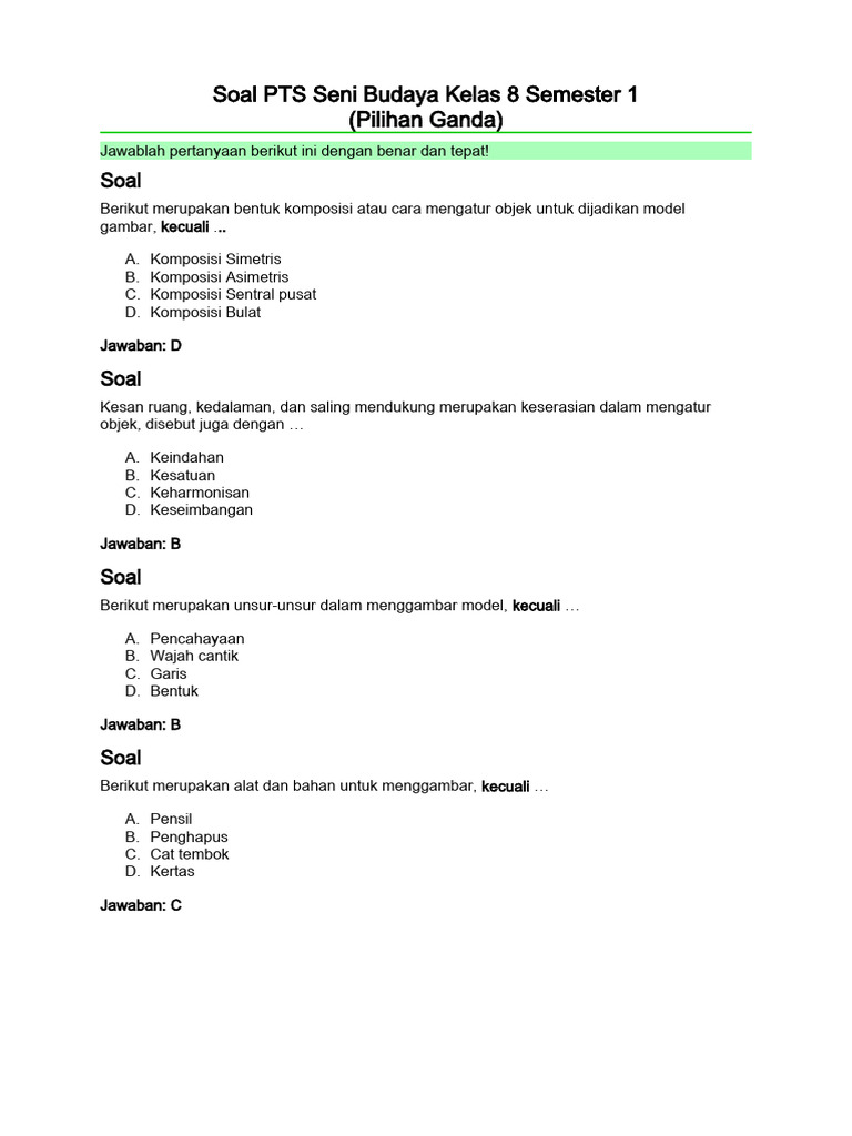 Soal PTS Seni Budaya Kelas 8 Semester 1 | PDF | Seni | Puisi
