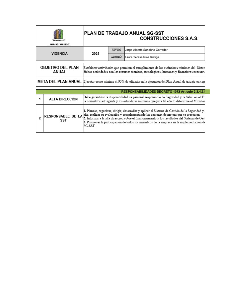 Act 12. Plan de Trabajo Anual SST C&e Construcciones S.A.S. | PDF