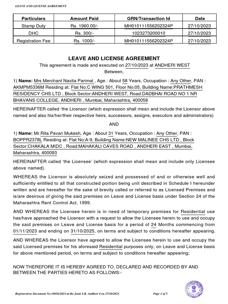 Leave and License Agreement: Particulars Amount Paid GRN/Transaction Id ...