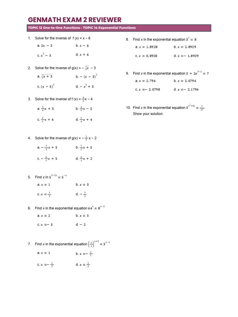 (Genmath) Reviewer Topic 12-14 | PDF | Equations | Mathematical Physics