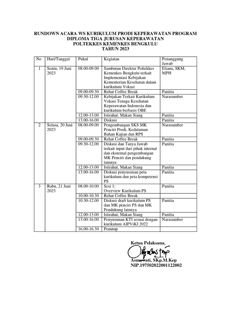 Rundown Acara WS Kurikulum Prodi D3 Keperawatan | PDF