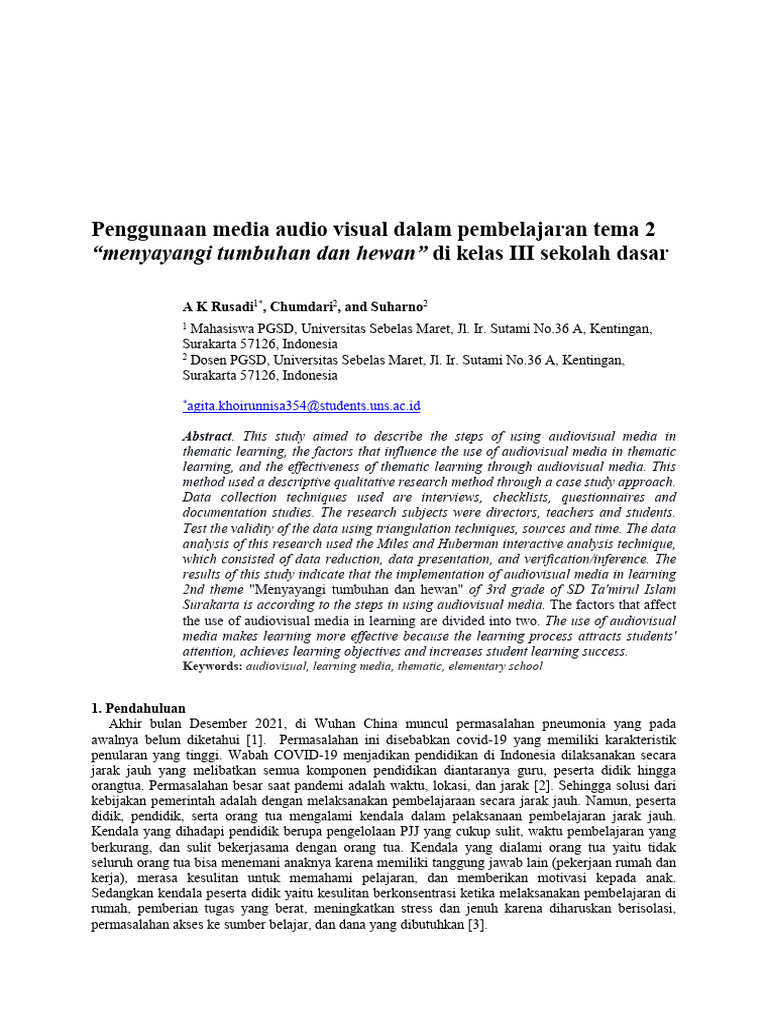 Penggunaan Media Audio Visual Dalam Pembelajaran Tema 2 "Menyayangi Tumbuhan Dan Hewan" Di Kelas ...