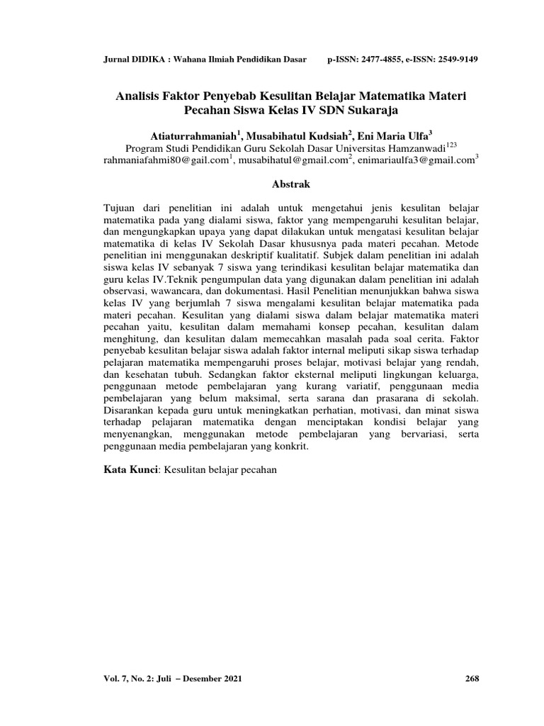 Analisis Faktor Penyebab Kesulitan Belajar Matematika Materi Pecahan ... Analisis Faktor Penyebab Kesulitan Belajar Matematika Materi Pecahan ...