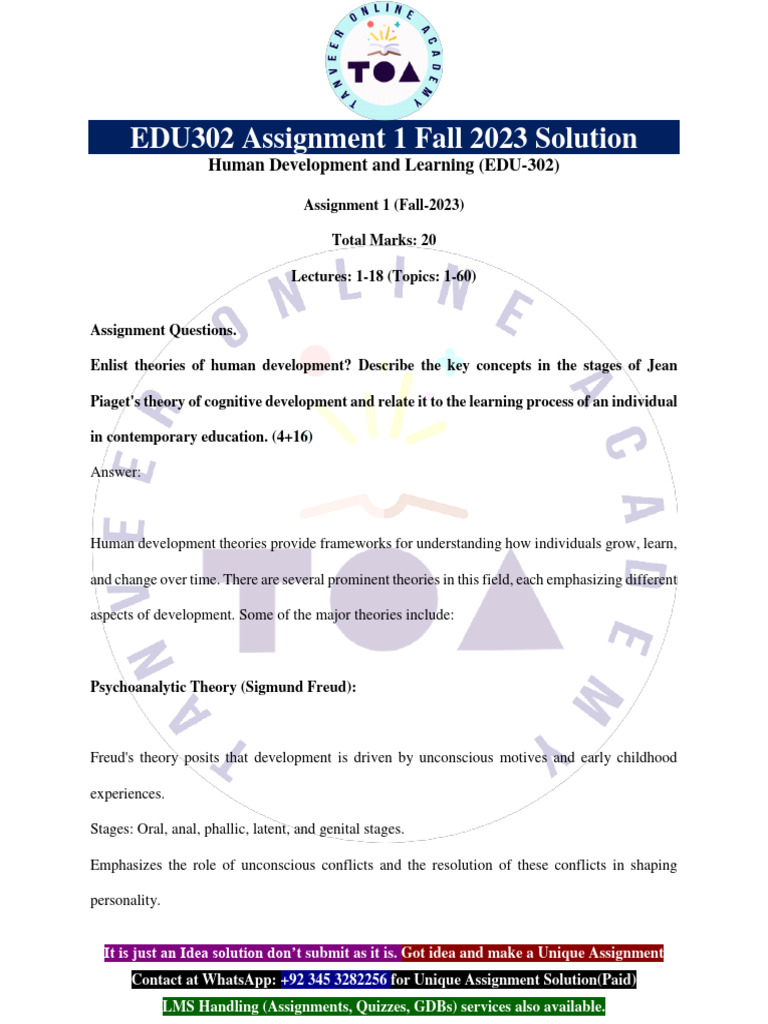 EDU302 Assignment 1 Fall 2023 Idea Solution by Tanveer Online Academy | PDF | Cognitive ...