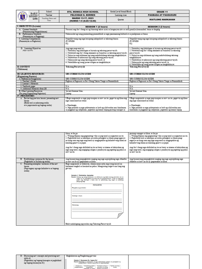 Ikatlong MarkahanDLL - 2-SESSIONS-PER-WEEK 4 Pagbasa at Pagsusuri - Week 5 | PDF