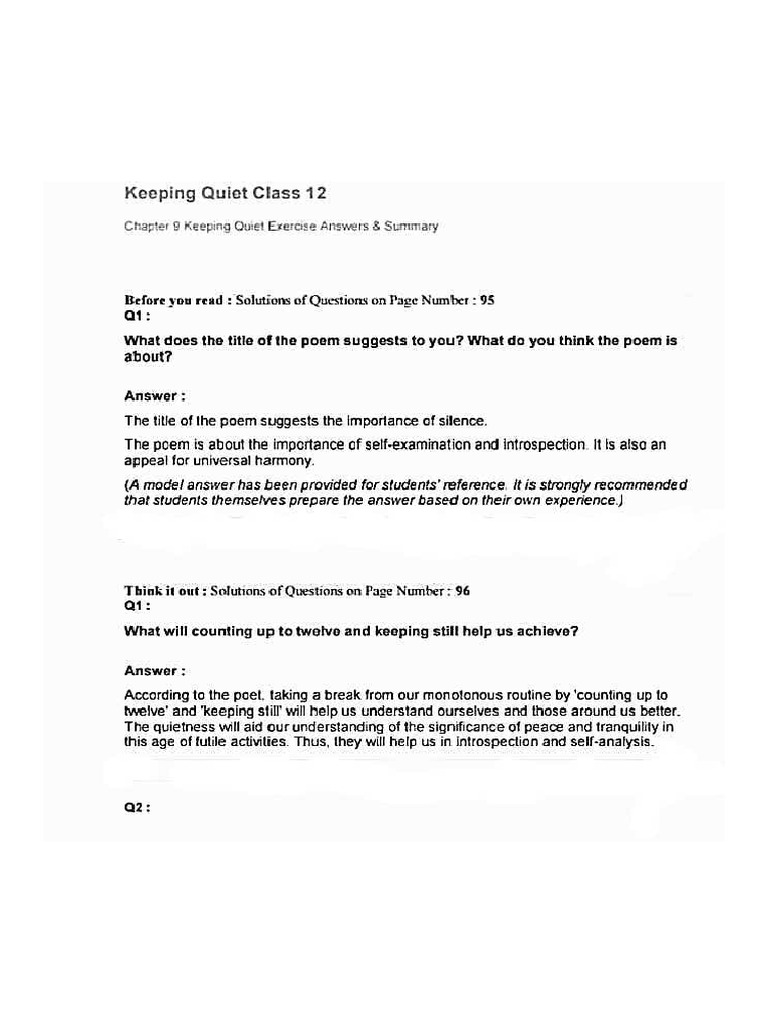 Class 12 Chapter 2 Keeping Quiet | PDF | Thought | Psychological Concepts