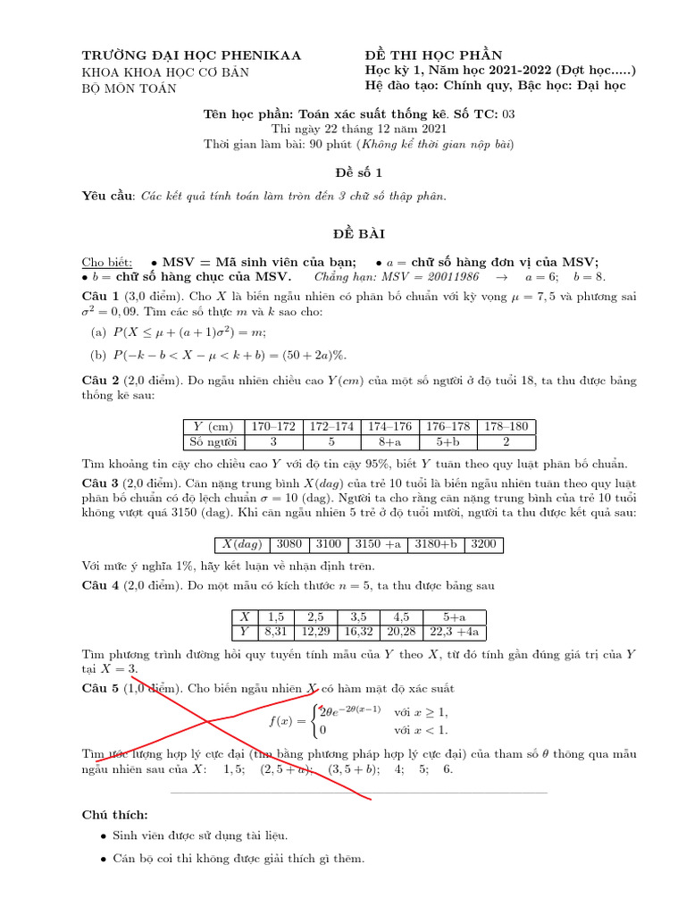 Đề ĐA XSTK 3TC 21.22 | PDF