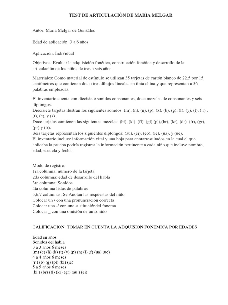 Test de Articulacion de Maria Melgar | PDF