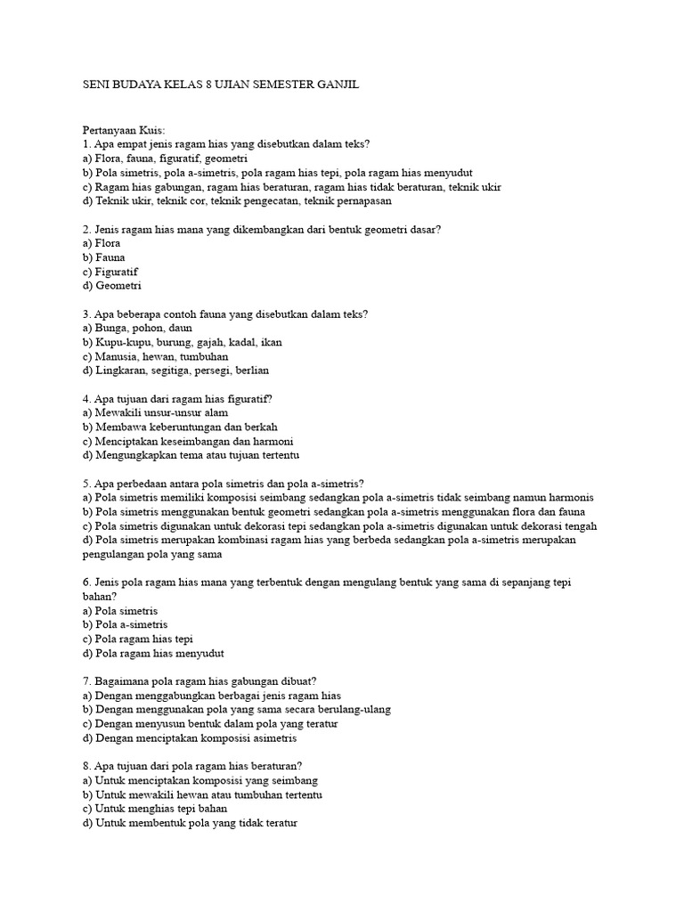 Soal Seni Budaya Kelas 8 20 Soal Uas | PDF