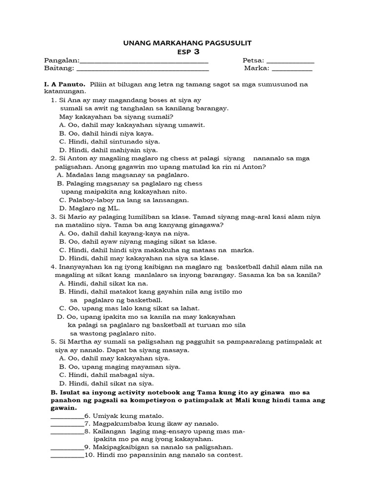 UNANG MARKAHANG PAGSUSULIT Esp | PDF